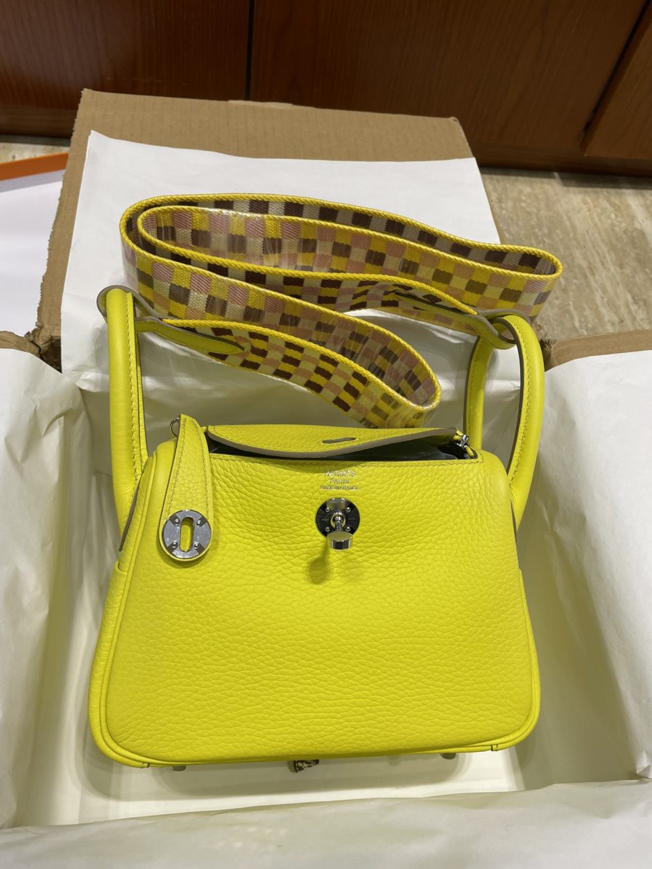 Uncle Bench Hermes Mini lindy Clemence new Lemon yellow wide Woven ...